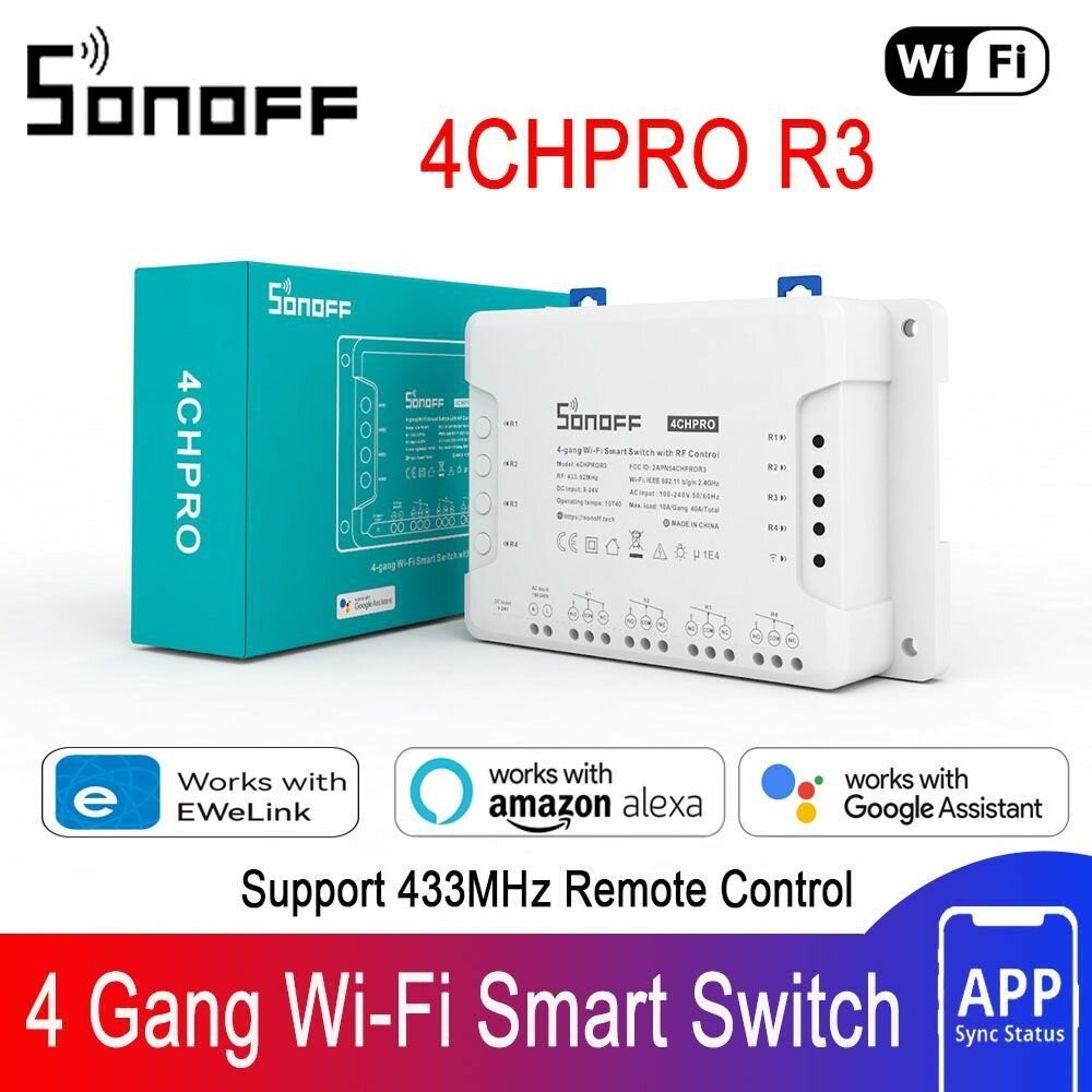 Релейный модуль 4-х канальный Wi-Fi SONOFF 4CH PRO R3, 4CHPRO, WiFi-Реле, Умный Дом