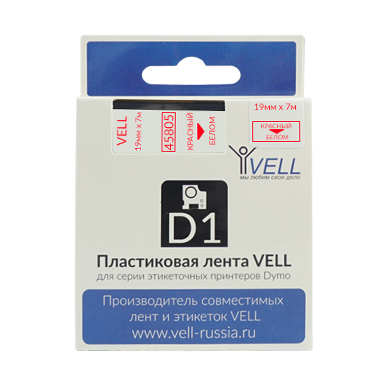 Лента Vell VL-D-S0720850/45805, 19 мм х 7 м, красный на белом {vell-45805}