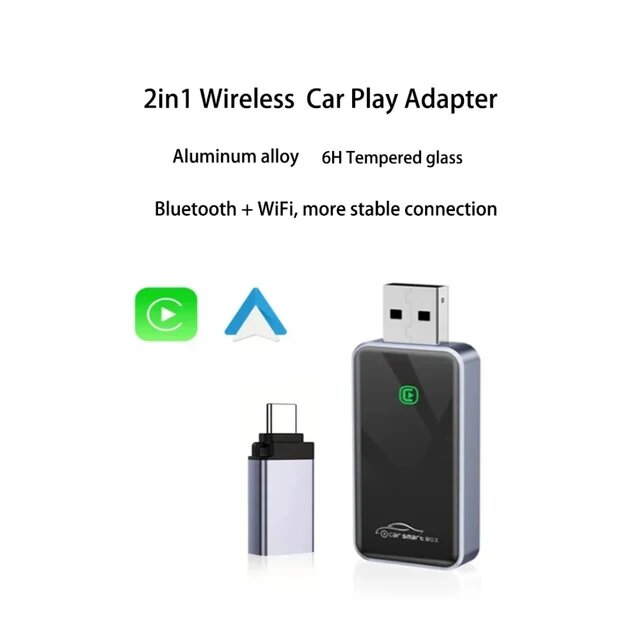 Беспроводной адаптер CarPlay 2-в-1 для iPhone, Android Auto и Apple; мини-USB-бокс AI для CarPlay; совместим с автомобилями Toyota, Volvo и Hyundai.