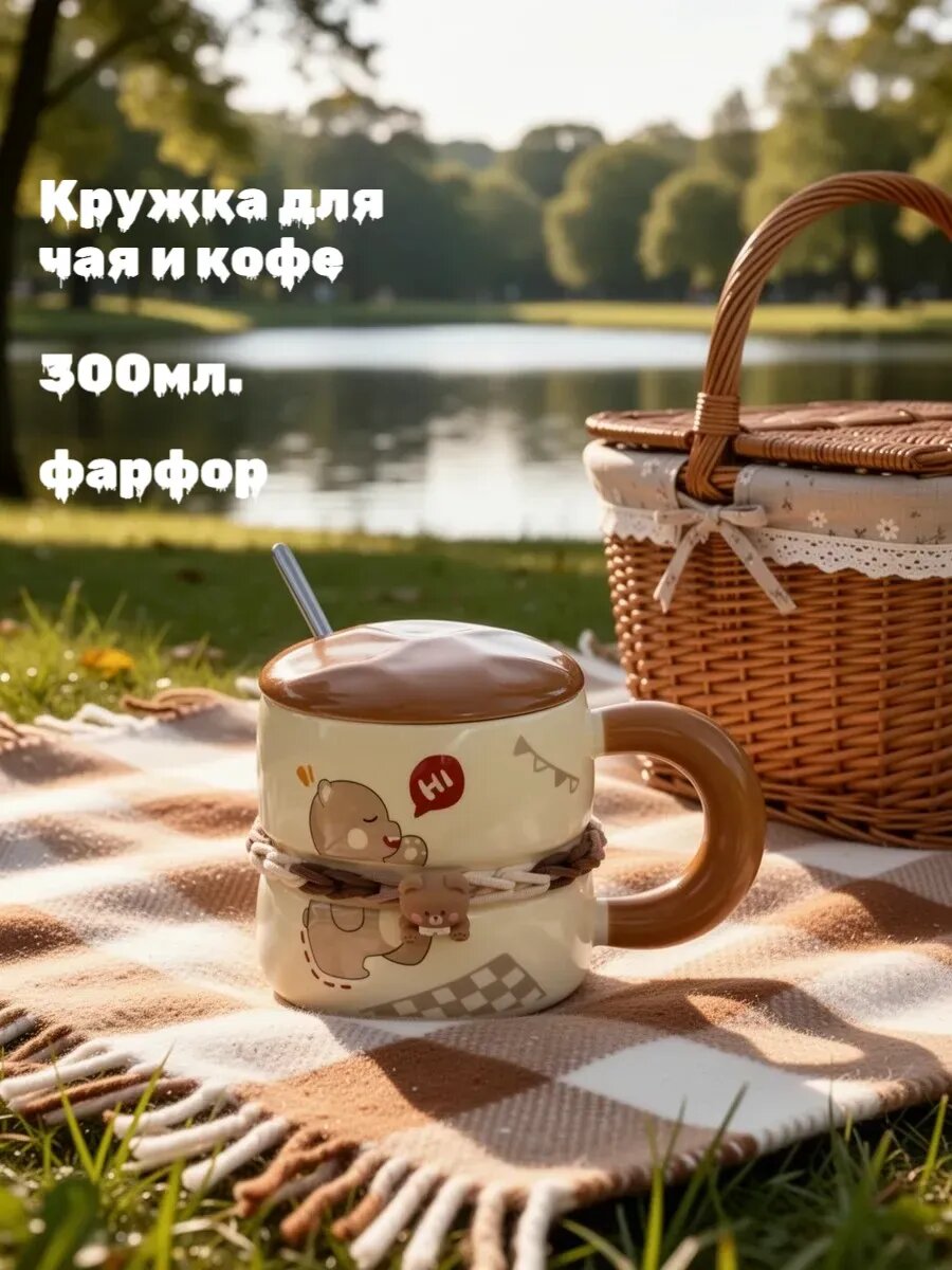 Кружка "Медвежонок", фарфор, с крышкой и ложечкой, бежево-коричневая, 300мл