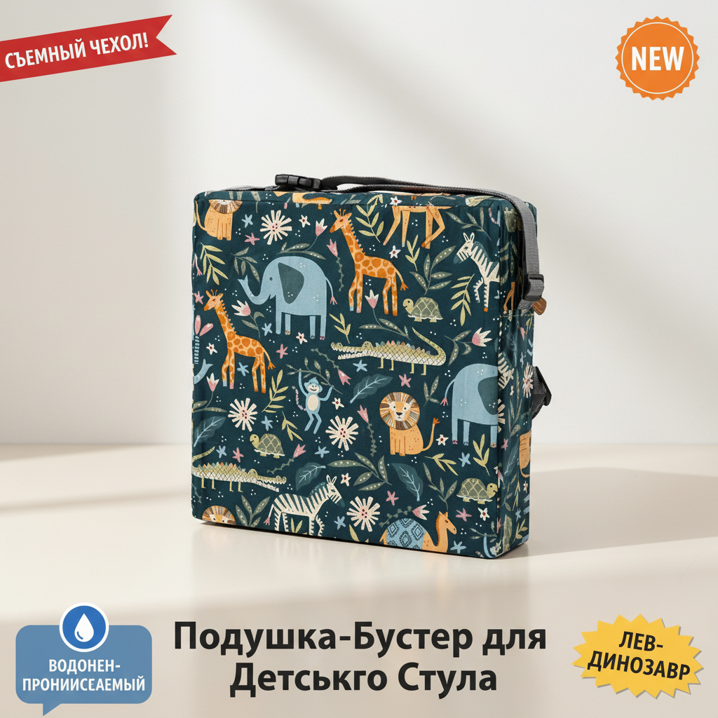 Подушка-бустер для детского стула: Лев-динозавр, съемная, водонепроницаемая