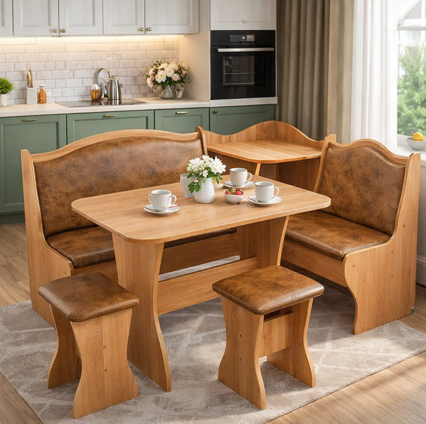 Кухонный уголок "Аленка 1 ", с баром и местами для хранения, ЛДСП, цвет- бук, обивка - кожзам