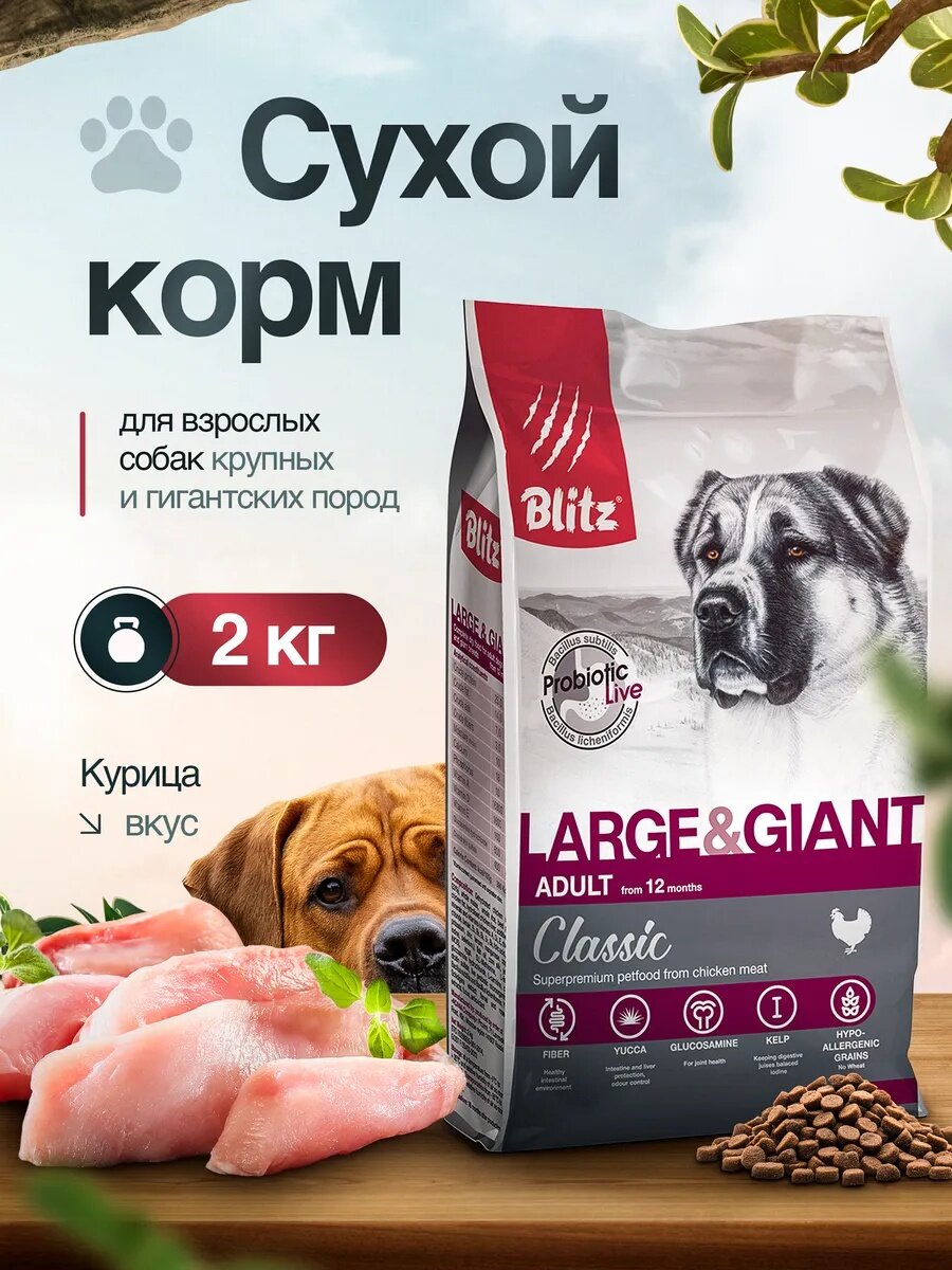 Сухой корм Blitz Adult Large&Giant Breeds, для взрослых собак, гипоаллергенный, 2кг