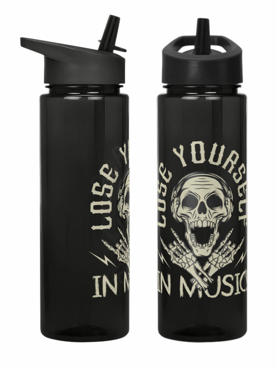 Бутылка черная для воды с принтом Череп в наушниках, Погрузитесь в музыку. Скелет, рок