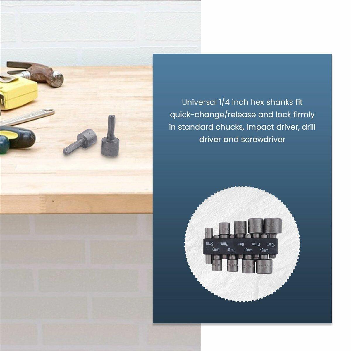 Набор из 9 шестигранных торцевых ключей для гаек с хвостовиком 1/4 дюйма, диаметром 5-13 мм (серебристо-серый и черный) различных размеров.