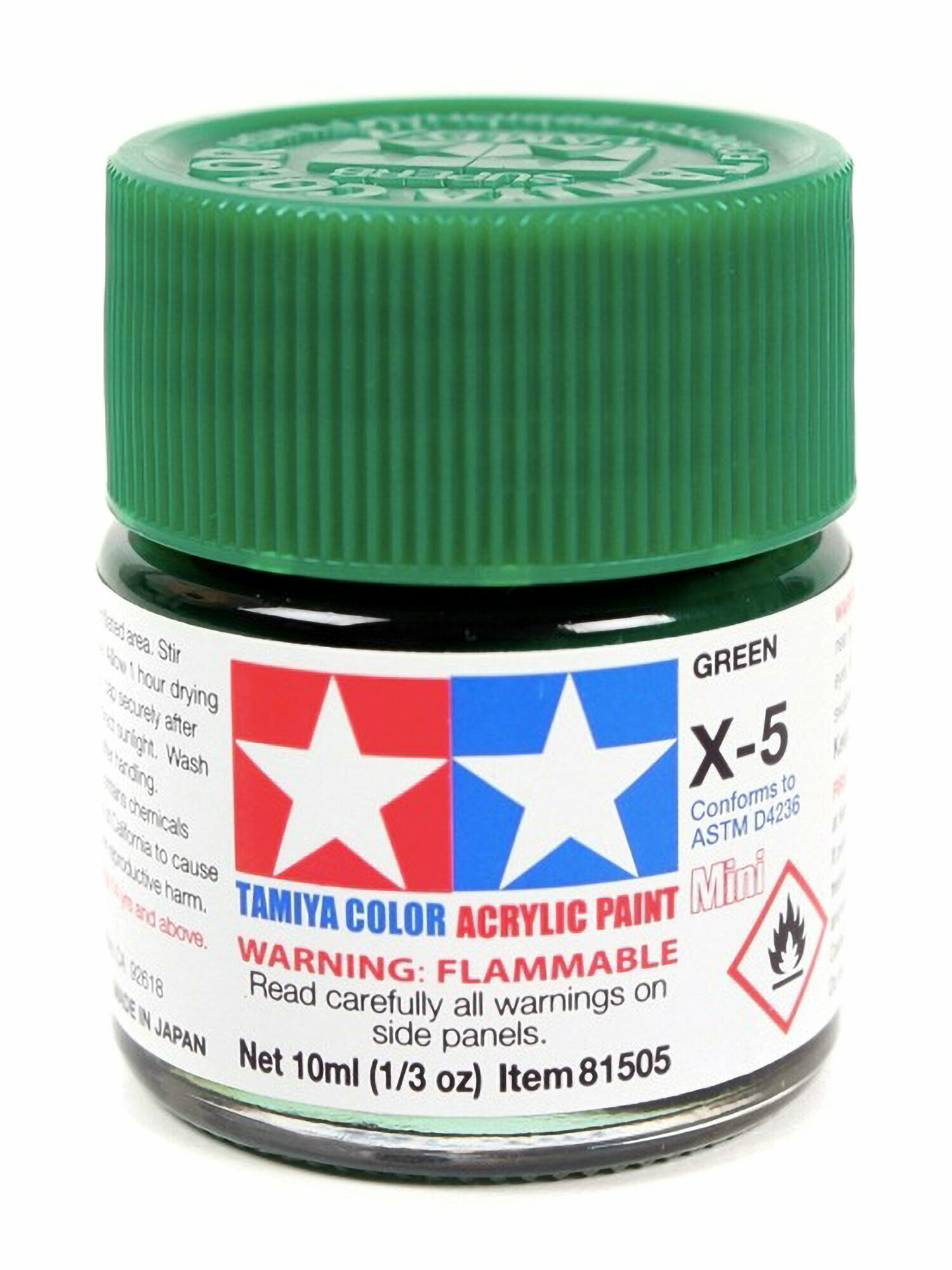 Краска акриловая Tamiya Color X-5 Green 81505 зеленая глянцевая, 10 мл