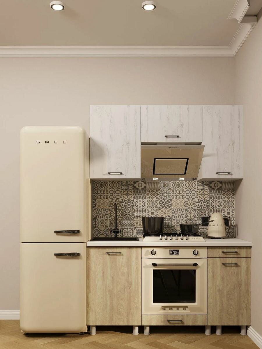 Кухонный гарнитур (кухня) Палермо 1.5 м с окапом, столешницей и модулем под духовой шкаф, ЛДСП/МДФ, Белый/Дуб Остин Серый/Дуб Остин Бежевый,1500х2160х600 тэкс