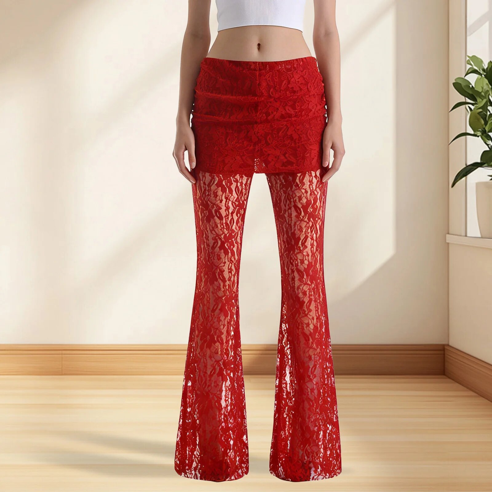 Кружевные расклешенные брюки женские Polyester Красный, S, Red