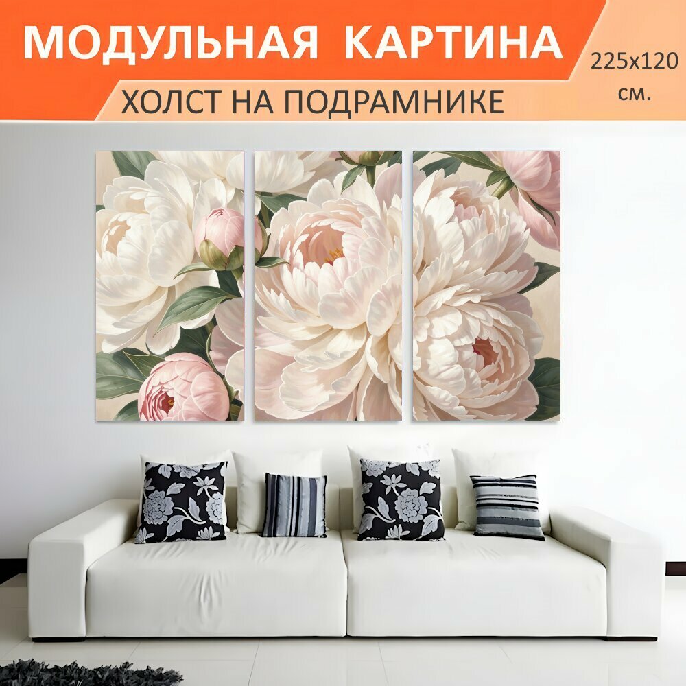 Модульная картина на холсте "Нежные пионы в пастельных тонах. Роскошная флористическая композиция с крупными распустившимися цветами." триптих на подрамнике 225х120 см. для интерьера