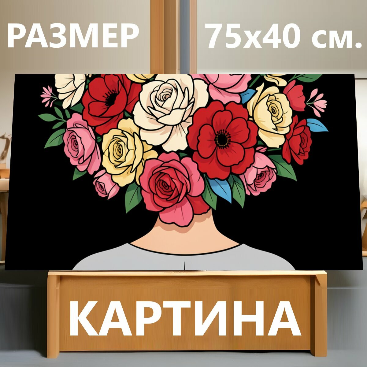 Картина на холсте "Девушка с цветочным букетом вместо головы. Силуэт человека со спиной, вместо лица — пышная композиция из роз, маков и." на подрамнике 75х40 см. для интерьера