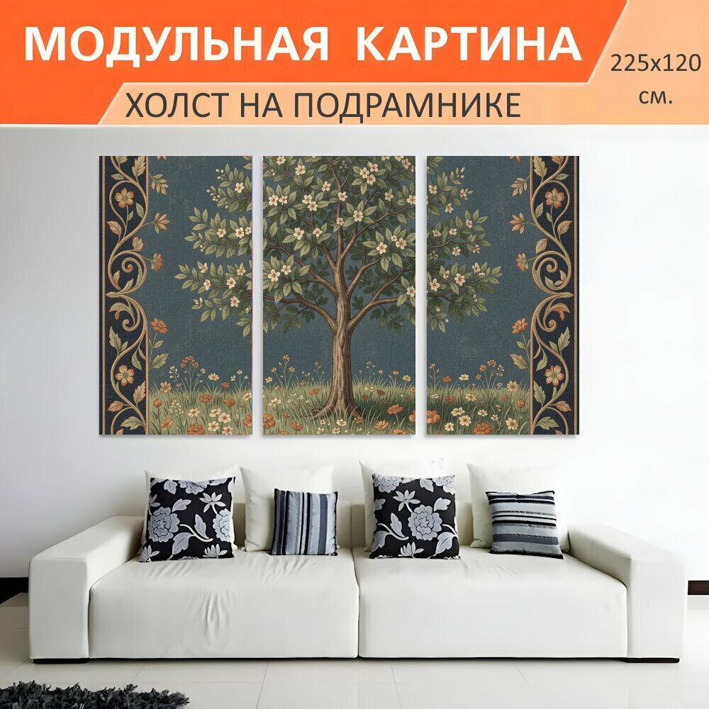 Модульная картина на холсте "Цветущее дерево в орнаменте. Ретро-иллюстрация с раскидистой кроной, мелкими белыми соцветиями и." триптих на подрамнике 225х120 см. для интерьера