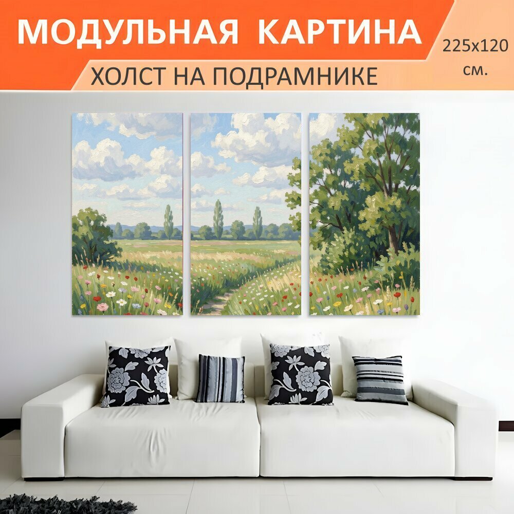 Модульная картина на холсте "Цветущий летний луг и небо. Живописная сельская панорама с тропинкой среди полевых цветов, зелёными." триптих на подрамнике 225х120 см. для интерьера