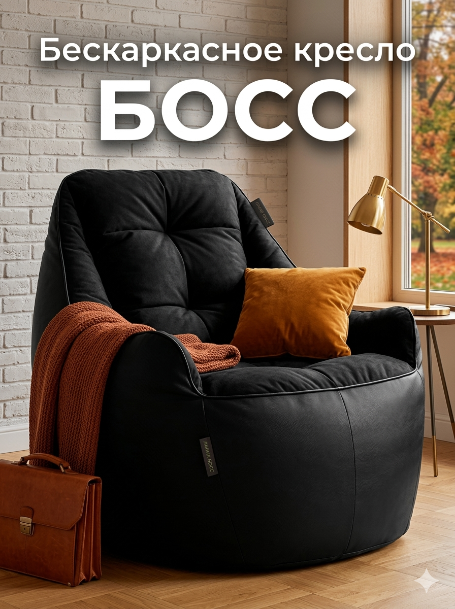 Кресло-мешок Пуффбери «Босс», размер большой, Эко-кожа и велюр Черный