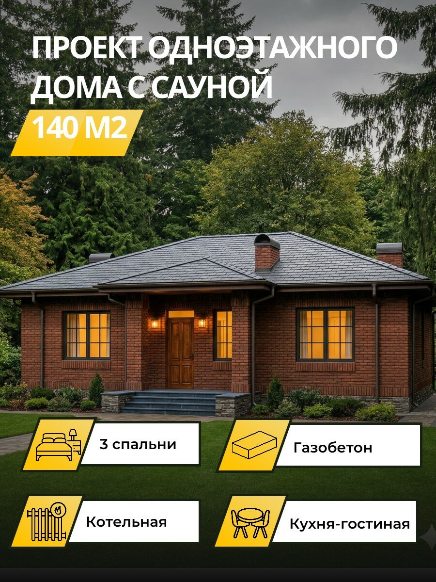 Проект одноэтажного жилого дома с сауной 140 м2 с тремя спальнями