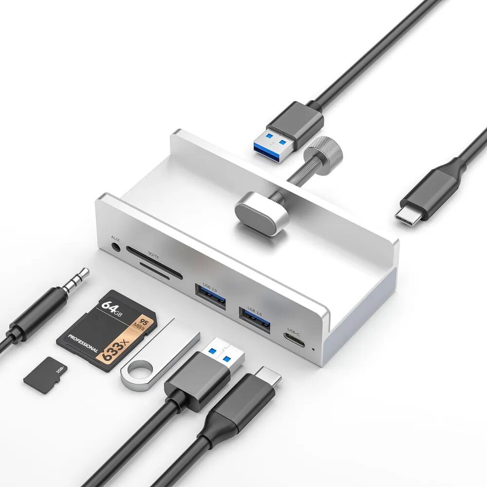 USB-концентратор 6 в 1, USB 3.0, USB Type-C, с кардридером SD/TF, серый, для Acer, Apple, Microsoft — фото 1
