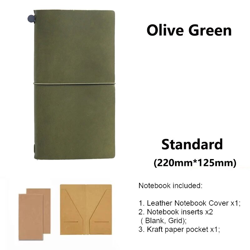 Однослойный дорожный блокнот из воловьей кожи, Olive Green, Standard