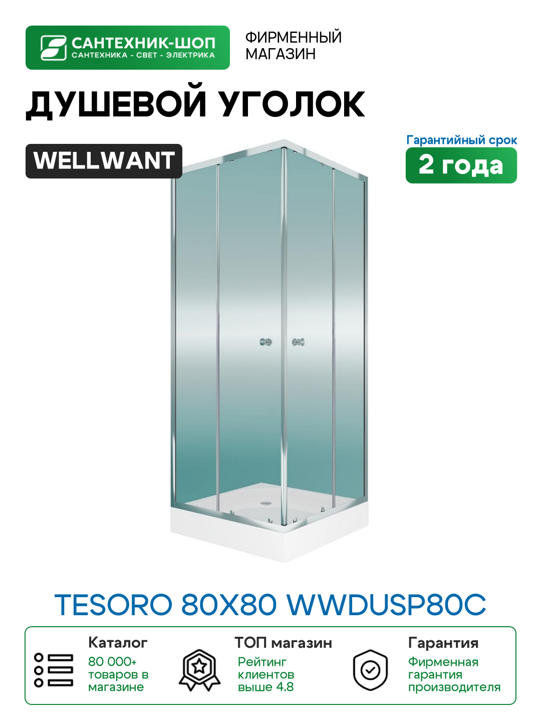 Душевой уголок WellWant Tesoro 80х80 WWDUSP80C профиль Хром глянцевый стекло прозрачное