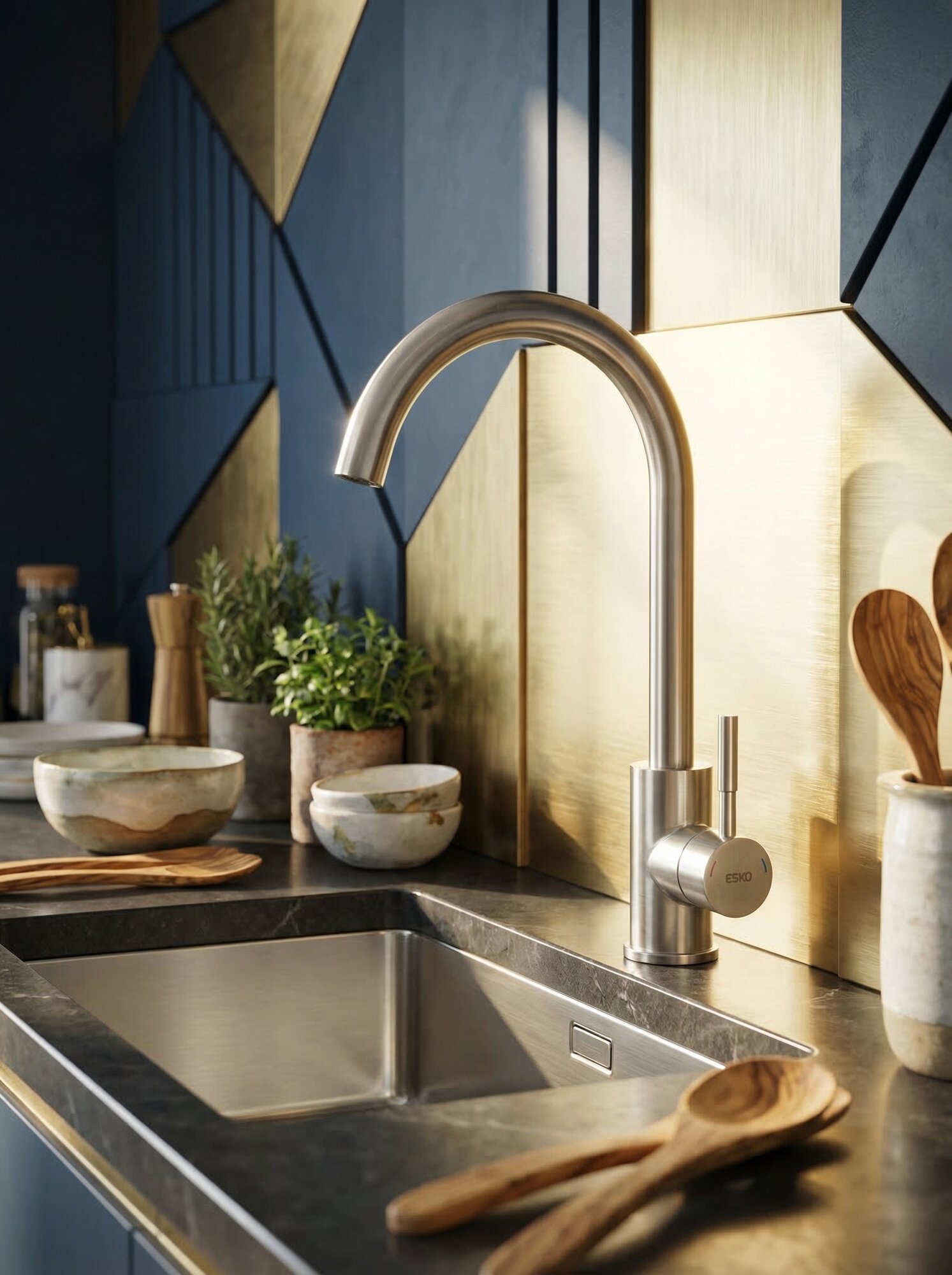 Смеситель для кухни ESKO K4 нержавеющая сталь, поворотный излив