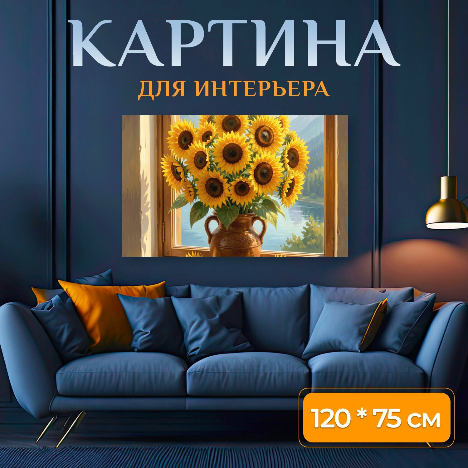 Картина на холсте "Подсолнухи у окна с видом на горы. Яркий букет солнечных цветов в керамической вазе на подоконнике, за окном горы и озеро." на подрамнике 120х75 см. для интерьера