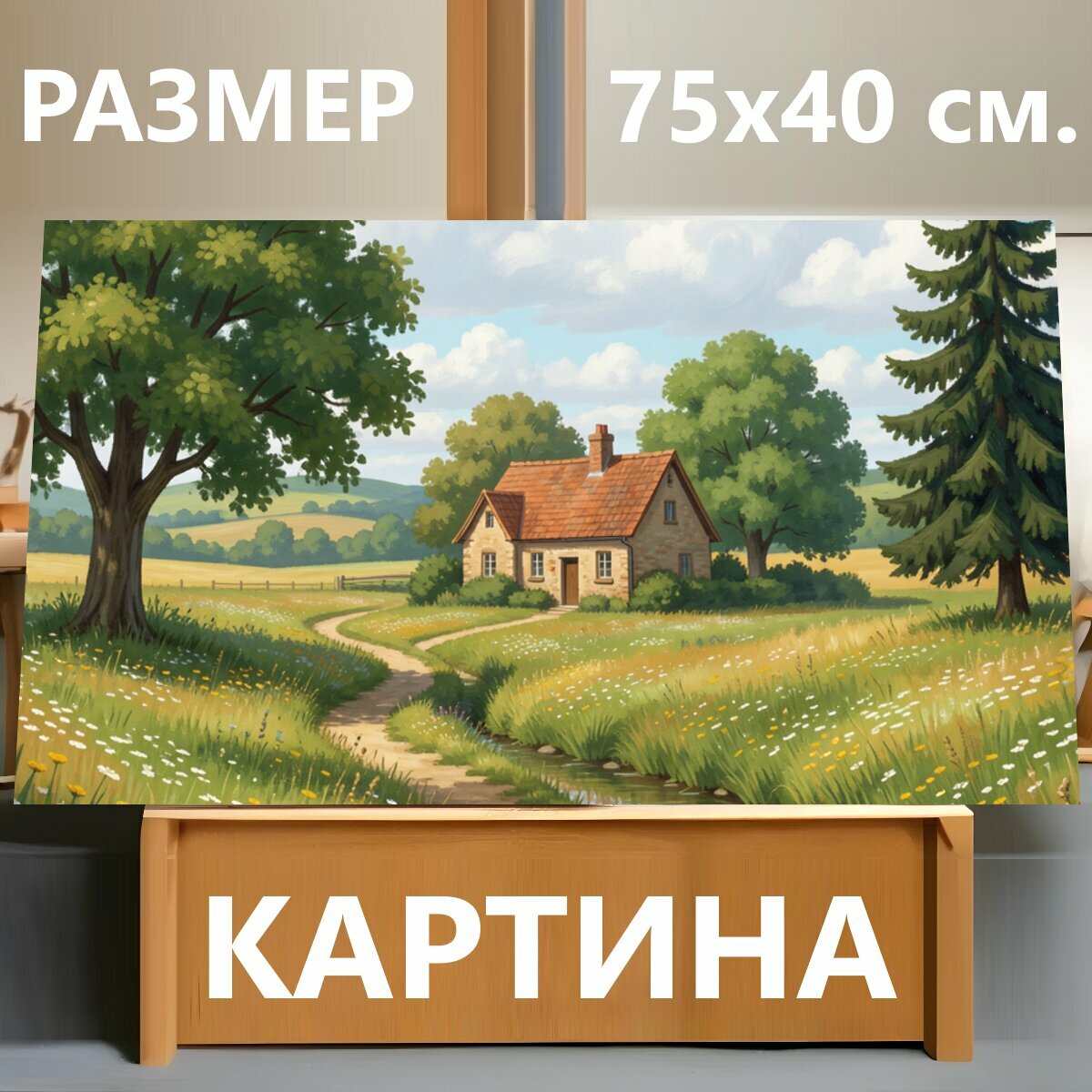 Картина на холсте "Деревенский пейзаж с лугом и гусями. Уютная сельская сцена в живописной иллюстрации: домик среди деревьев, извилистый ручей." на подрамнике 75х40 см. для интерьера