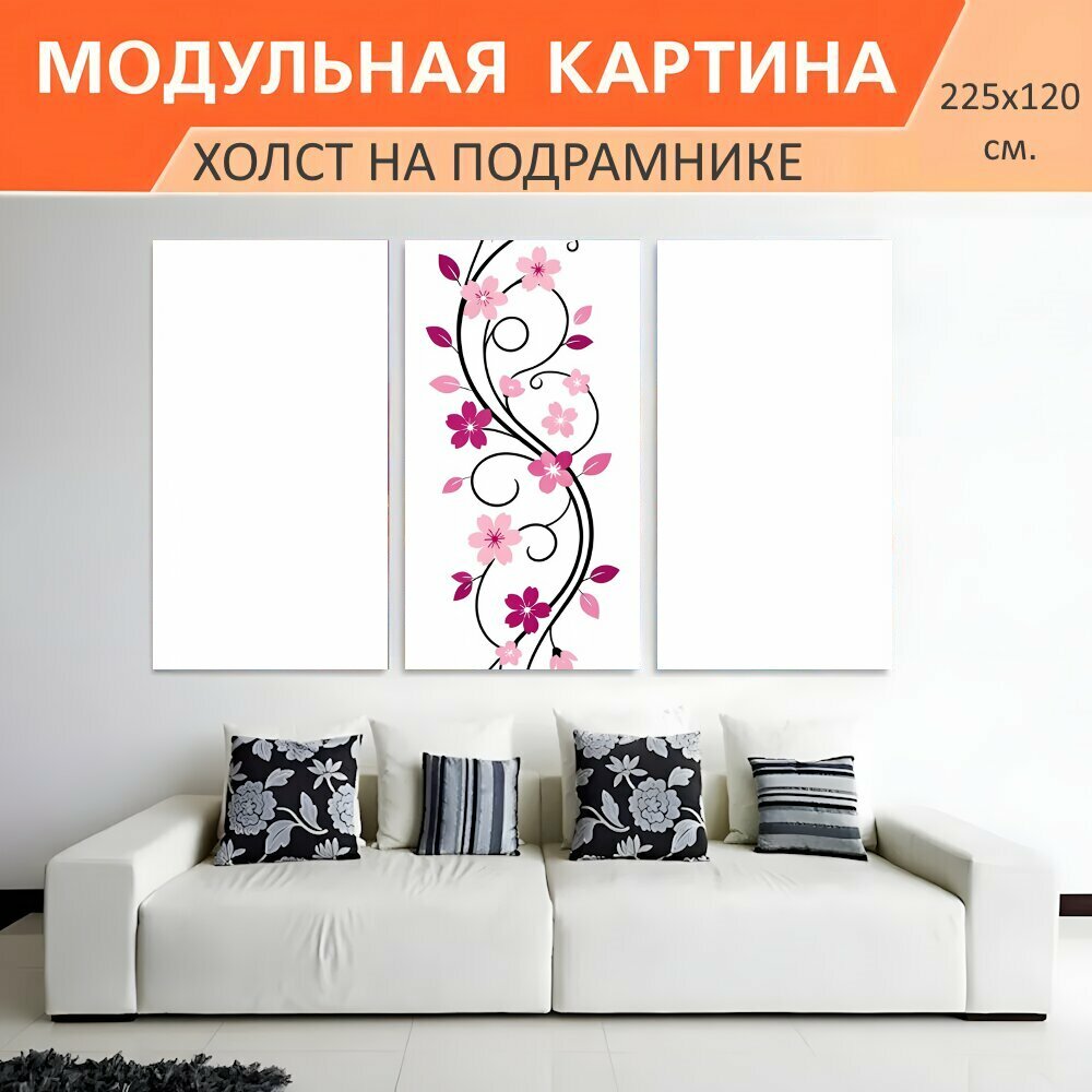 Модульная картина на холсте "Цветочная лоза с завитками. Изящная вертикальная композиция из плавных черных линий, розовых цветков и." триптих на подрамнике 225х120 см. для интерьера