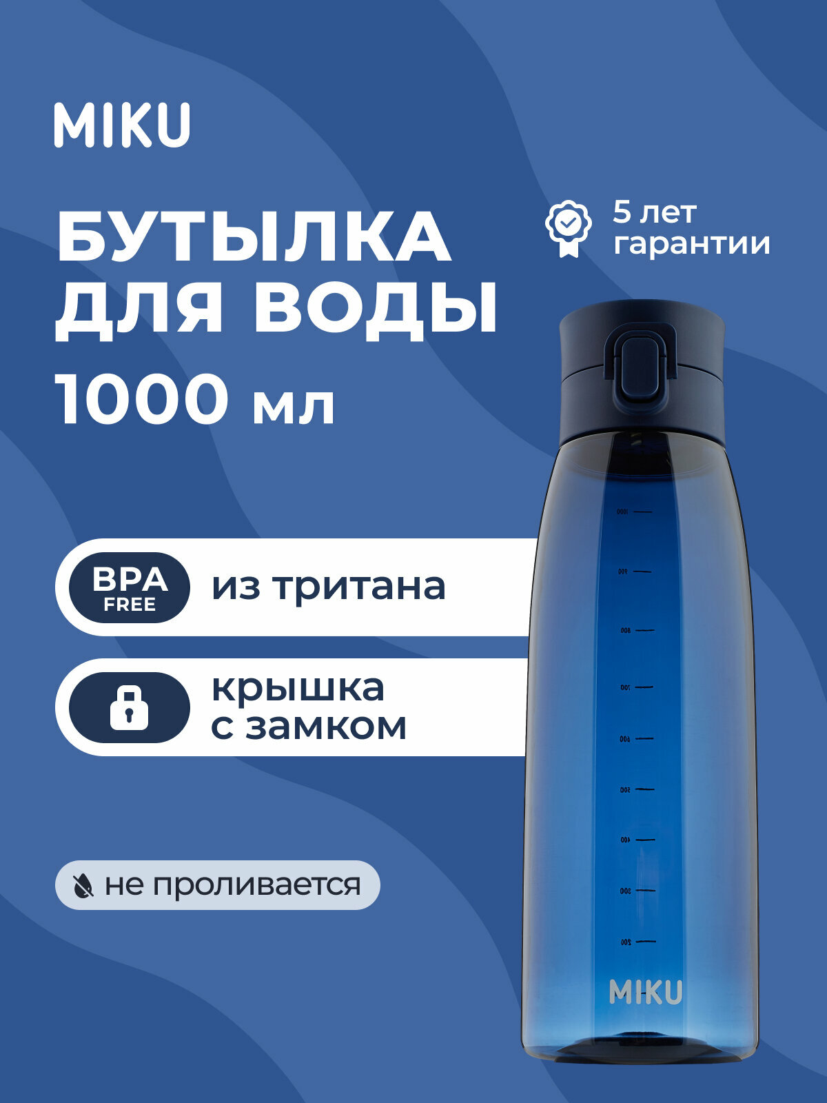 Спортивная бутылка MIKU 1000 мл (Синий), тритановая, для воды и напитков