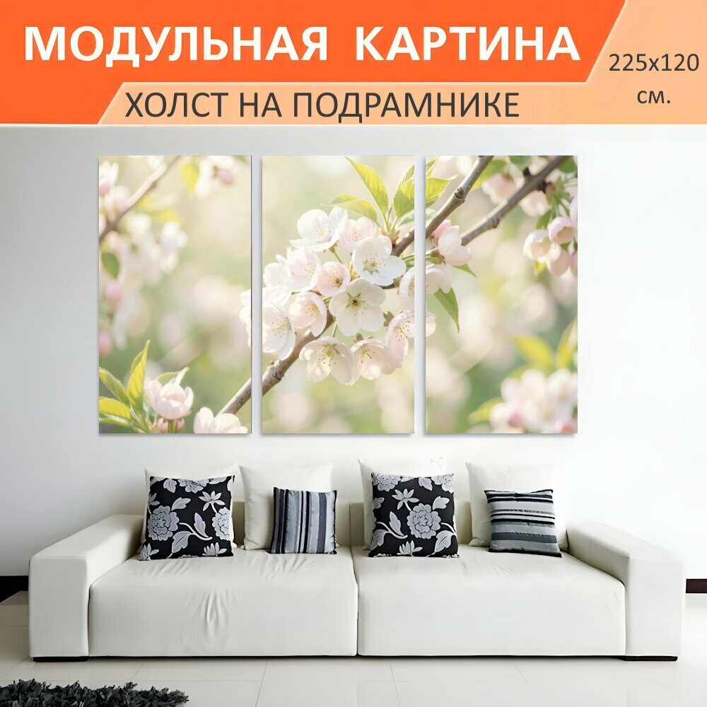 Модульная картина на холсте "Цветущая ветка вишни. Нежные весенние соцветия на тонких ветвях, мягкие пастельные оттенки белого и." триптих на подрамнике 225х120 см. для интерьера