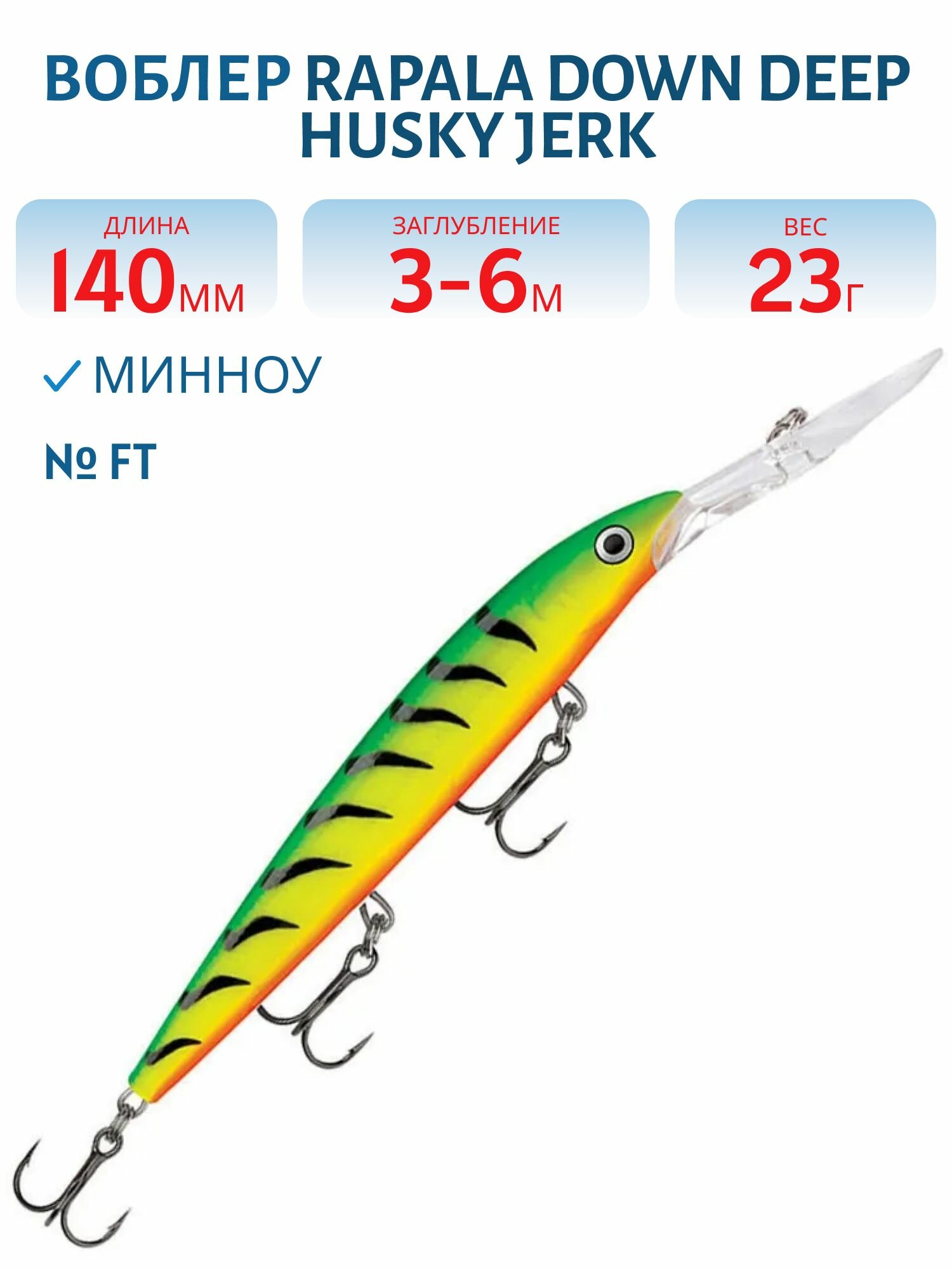 Воблер Rapala Down Deep Husky Jerk 14, цвет FT