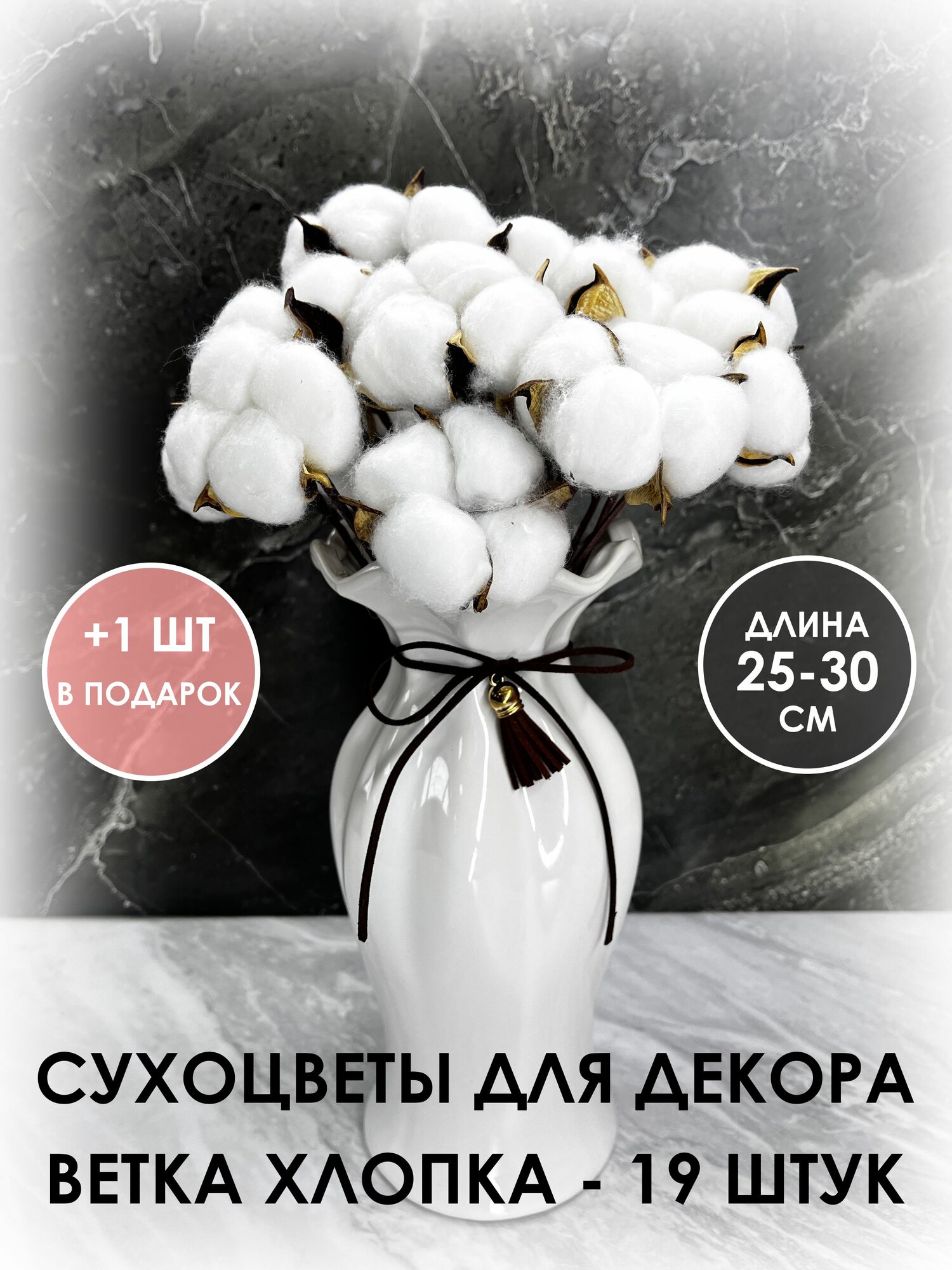 Сухоцветы Хлопок, 30 см, 20 шт
