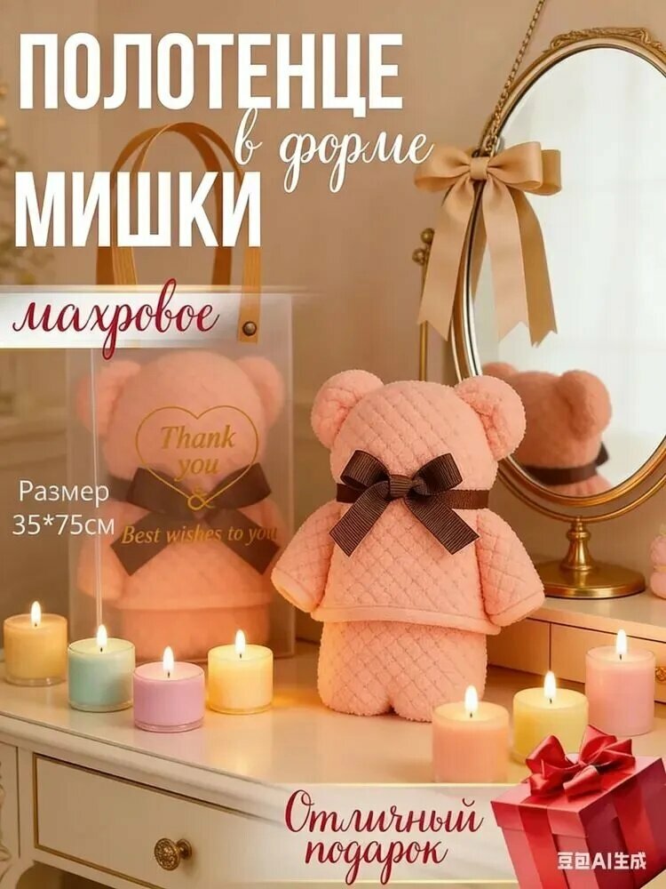 Подарочный набор для женщин полотенце для рук и лица в форме мишки. Подарок на Праздник Весны и Труда День Победы : маме, сестре, бабушке, коллеге, тете