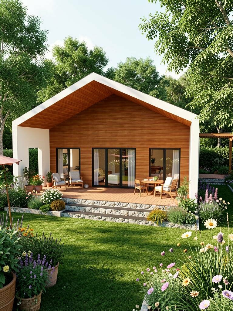 Проект одноэтажного каркасного дома с террасой, тремя комнатами 8,0х17,0 м