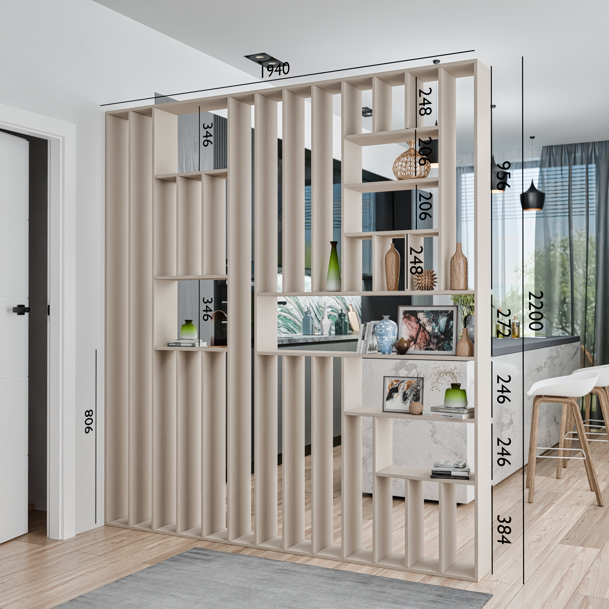 Реечная перегородка с полками для зонирования 1940 мм, Кашемир