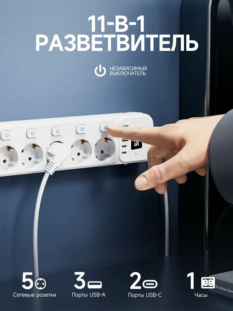 Сетевой фильтр CHIEFWAY настенный, 5 розеток + 3 USB и 2 Type-C, с выключателем и LED-часами, удлинитель сетевой 1.5м