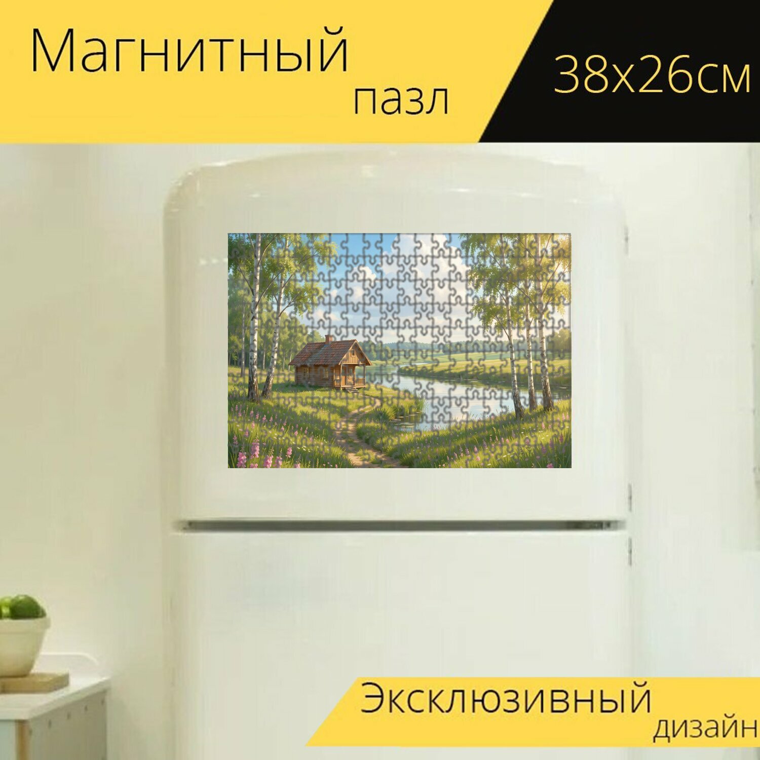 Магнитный пазл "Лесной дом у реки. Уютная деревенская сцена: деревянный домик среди берёз, извилистая тропинка, цветущий луг и спокойная водная гладь." для интерьера, 38х26 см.