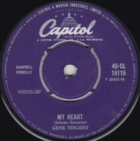 Пластинка Gene Vincent "My Heart" 7" (Single/UK/1960) VG/VG
