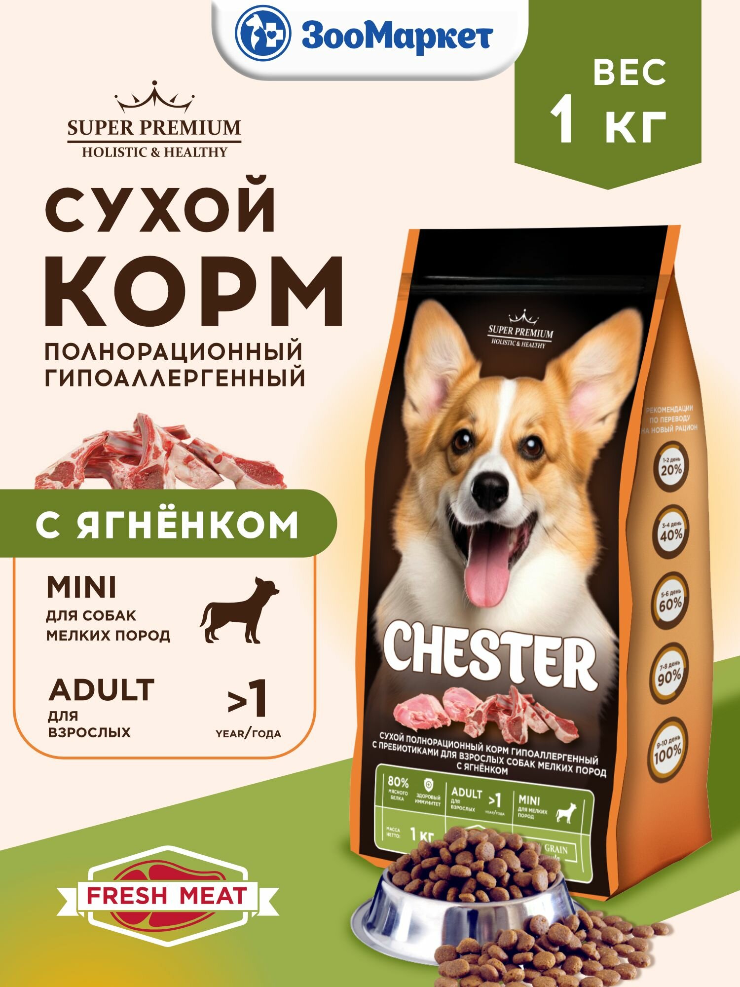 Сухой полнорационный корм CHESTER super premium гипоаллергенный для взрослых собак мелких пород с ягнёнком 1 кг