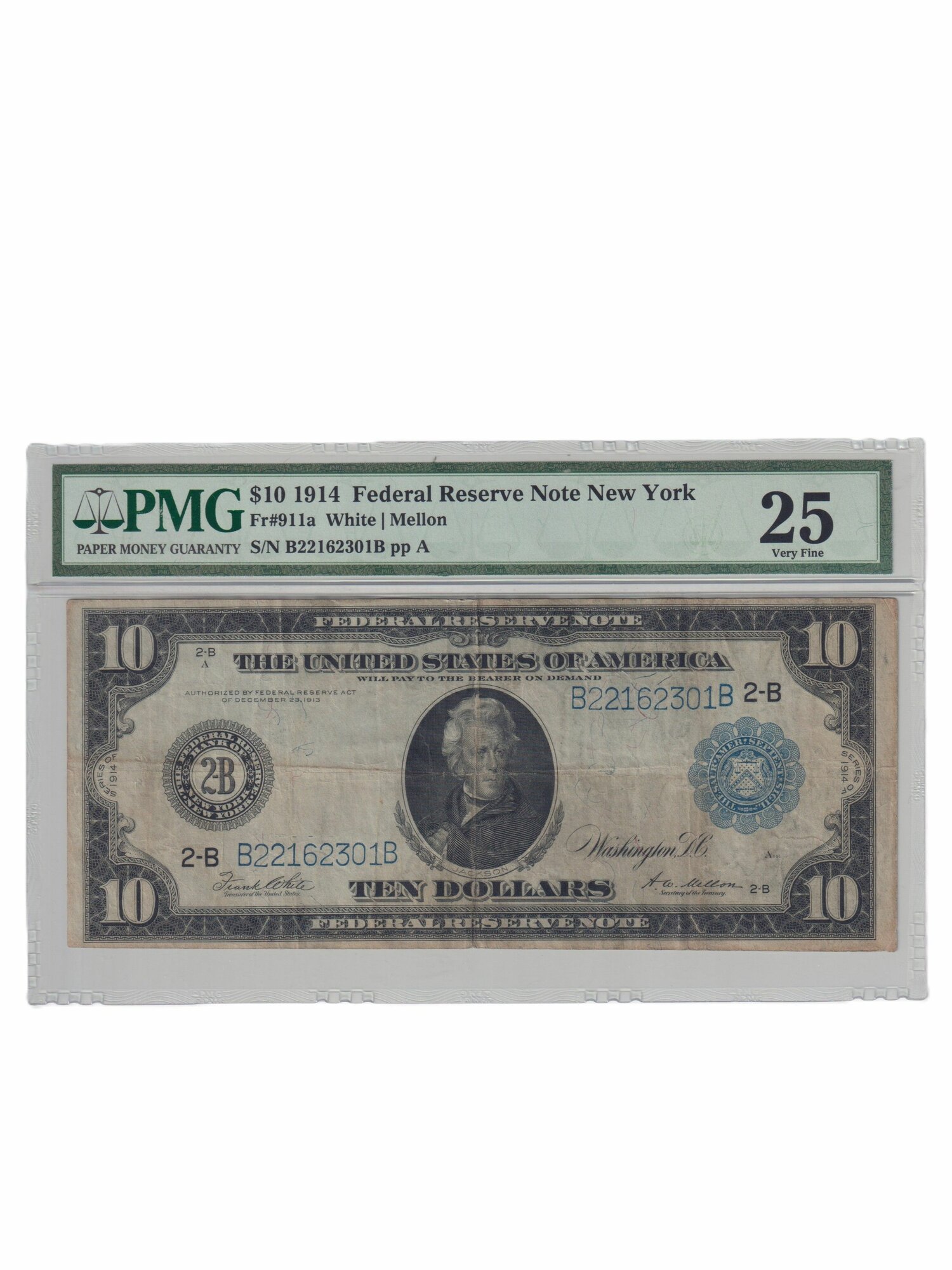 Подлинная бакнота США 10 долларов 1914 года Синяя печать в слабе PMG (Paper Money Guaranty) VF