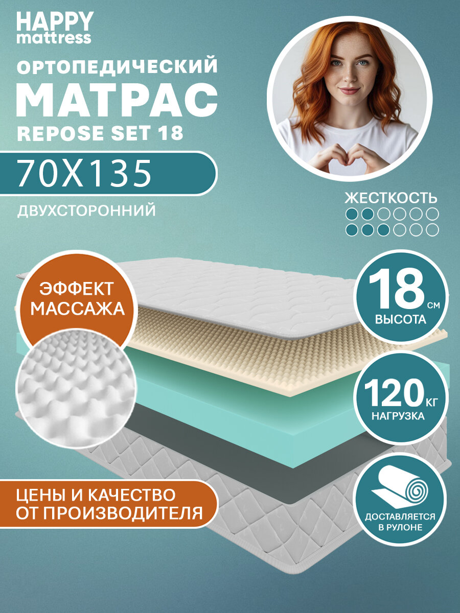 Матрас HAPPY MATTRESS REPOSE SET 18 ортопедический, беспружинный, на кровать и диван, высота 18 см, 70х135 см