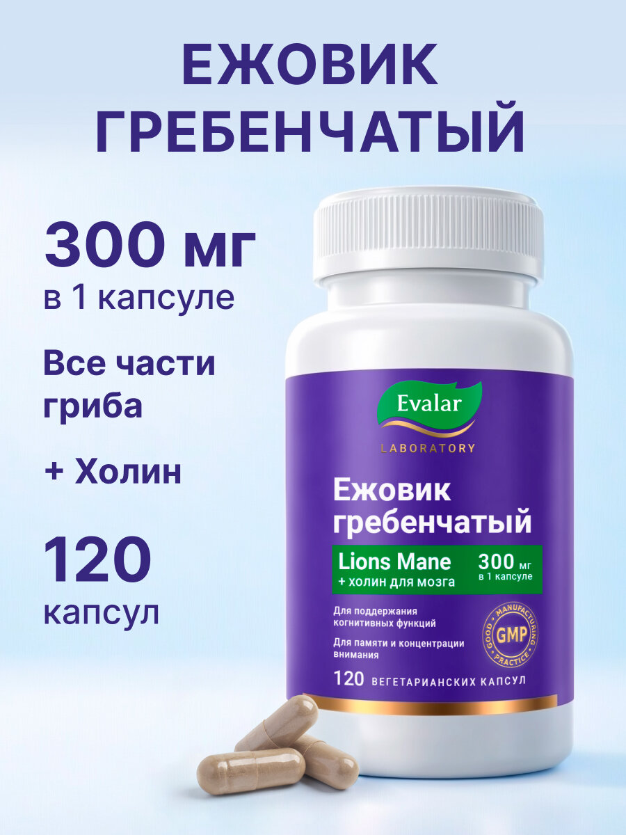 Ежовик гребенчатый/Lion's mane, 120 капсул, Evalar Laboratory