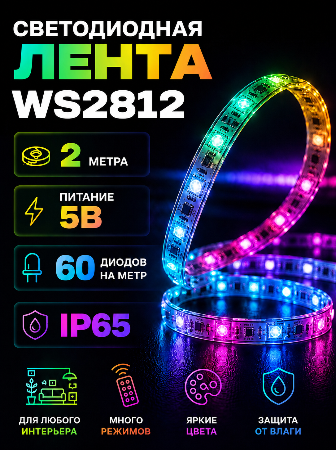 Светодиодная лента RGB Prestige Lamp WS2812 2м 5V 120LED/m IP65 - адресная, влагозащищенная, для интерьера и мебели
