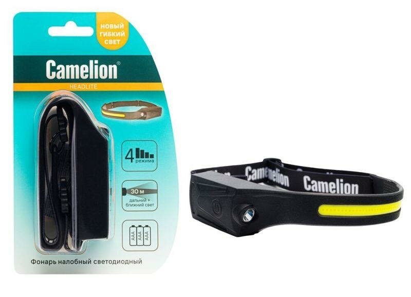 Фонарь налобный LED5383 лента каучук. COB+LED 4 реж. 3XAAA пласт рези блист черн. Camelion 15688