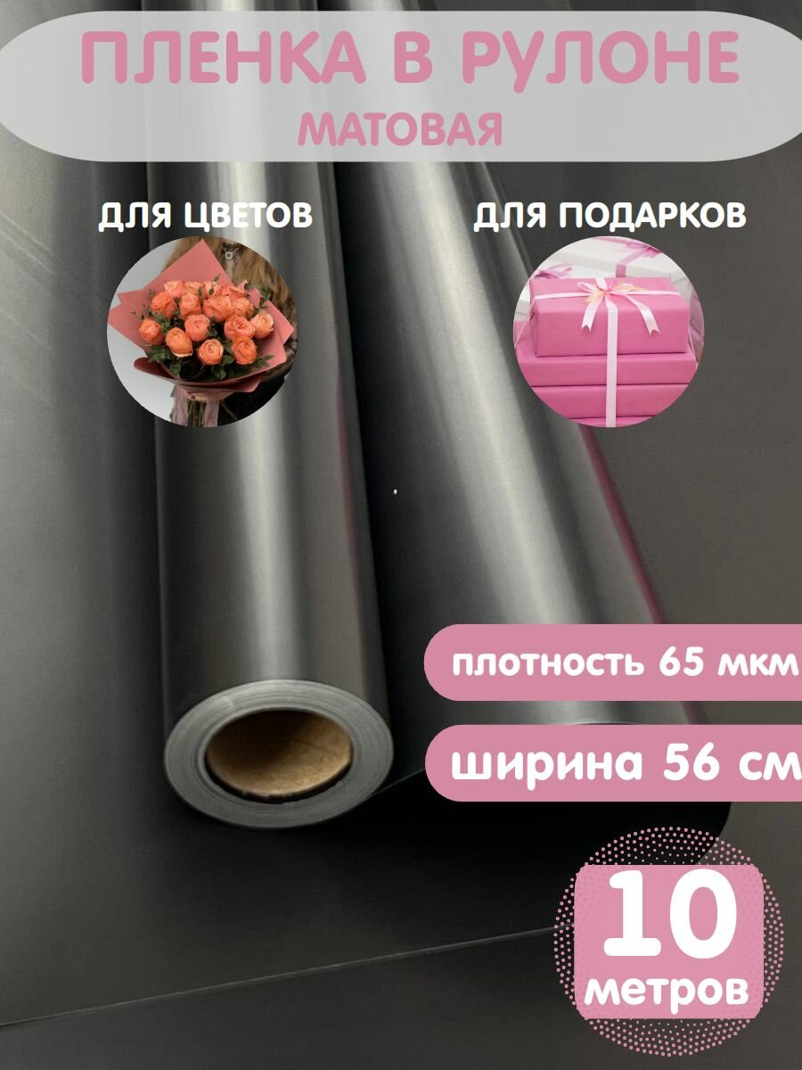 Бумага упаковочная для подарков и цветов. Корейская пленка матовая 10 м Черный