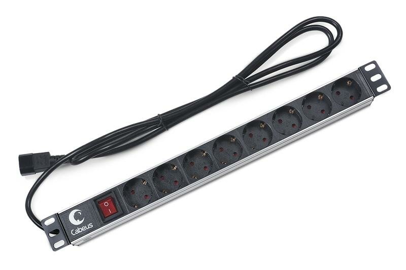 Блок евророзеток C14 PDU-8P-2IEC для 19дюйм шкафов горизонт. 8 розеток 10А выкл. Алюмин. корпус шнур 2м вилка IEC 320 Cabeus 7070c