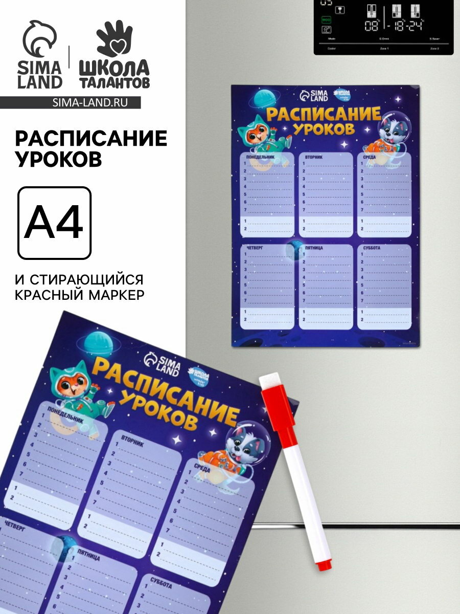 Расписание уроков "Животные в космосе" А4, многоразовое магнитное с маркером