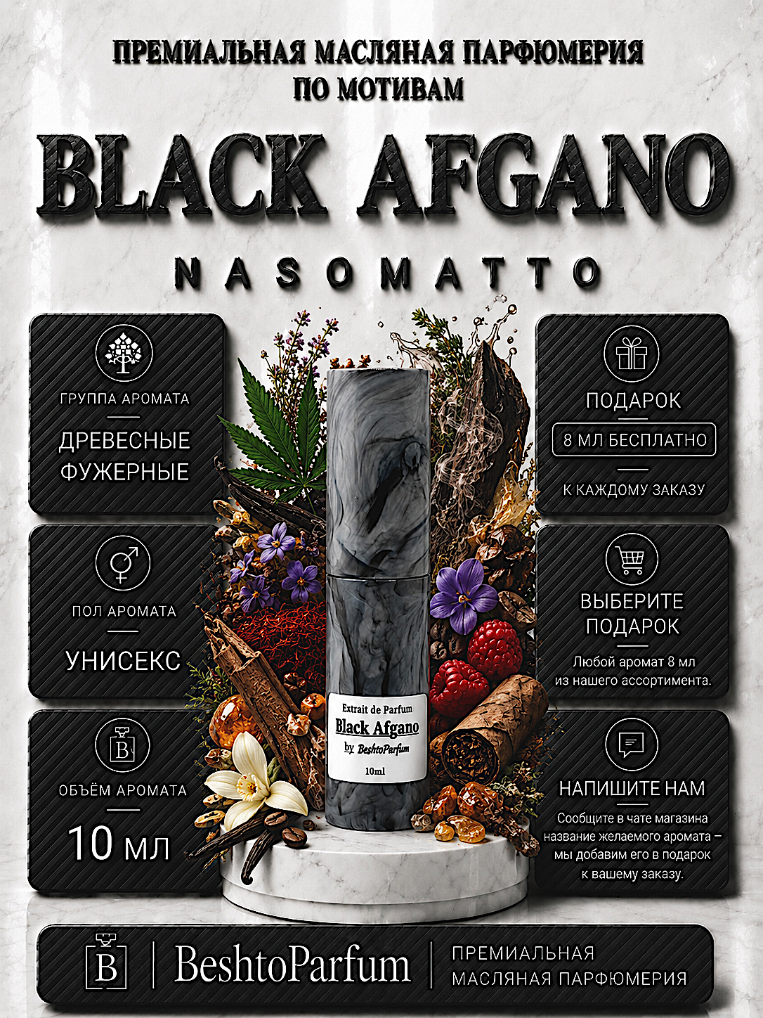 Масляные духи по мотивам Nasomatto Black Afgano — унисекс нишевый аромат, восточно-древесный / 10 мл