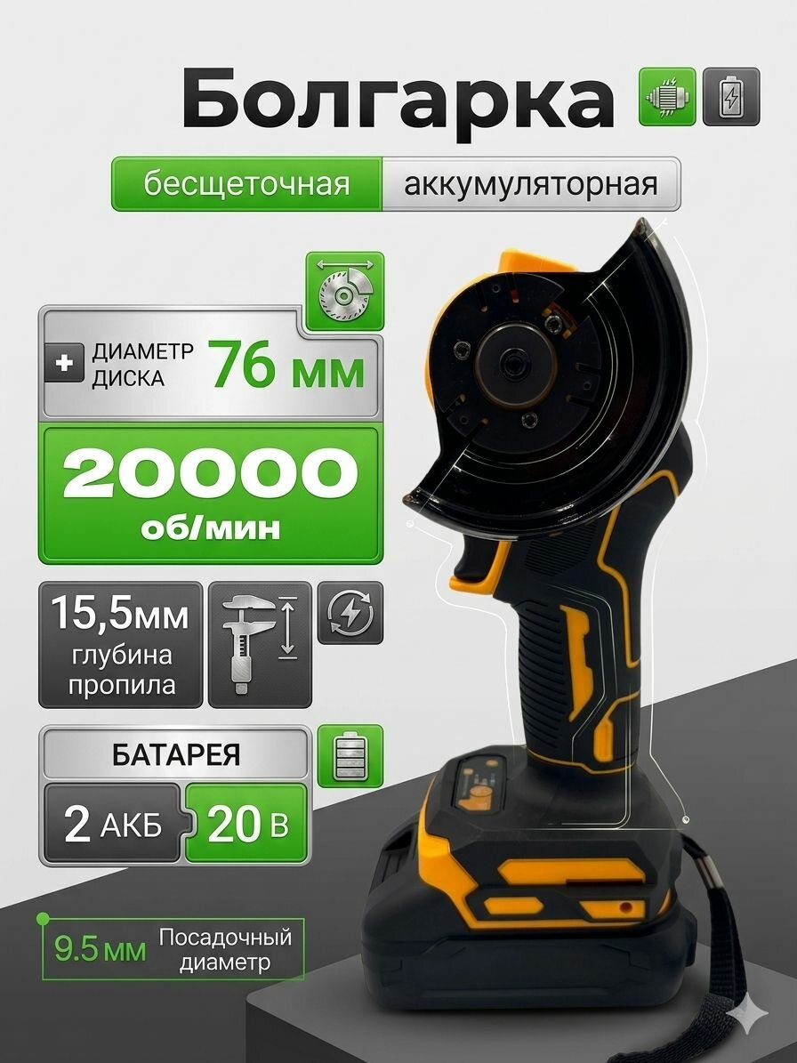 Мини болгарка аккумуляторная УШМ 76 мм, 22000 об/мин, 20В, 2 АКБ, бесщеточная угловая шлифовальная машина