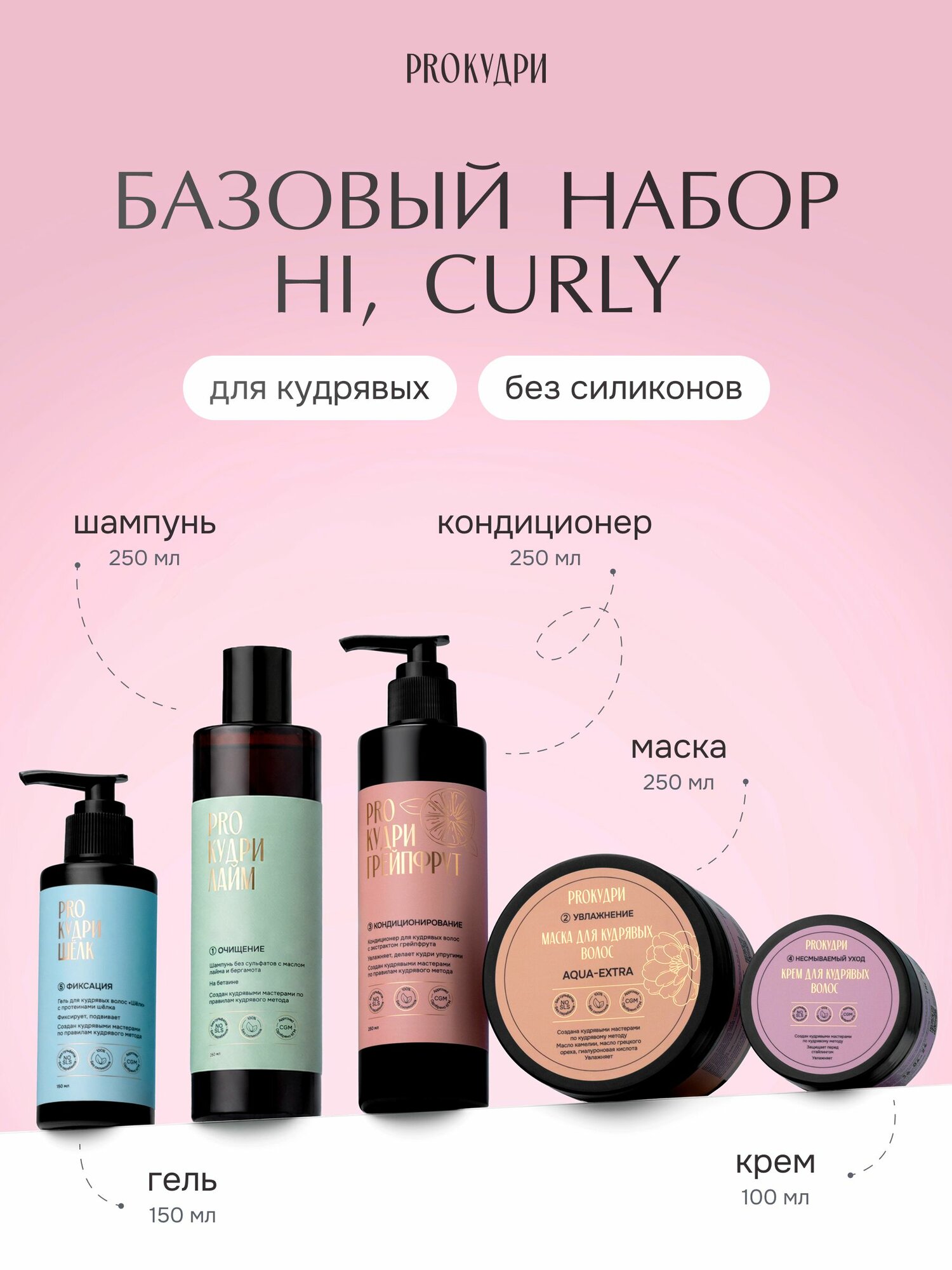 ProКудри Набор шампунь, кондиционер, маска, крем, гель для кудрявых волос