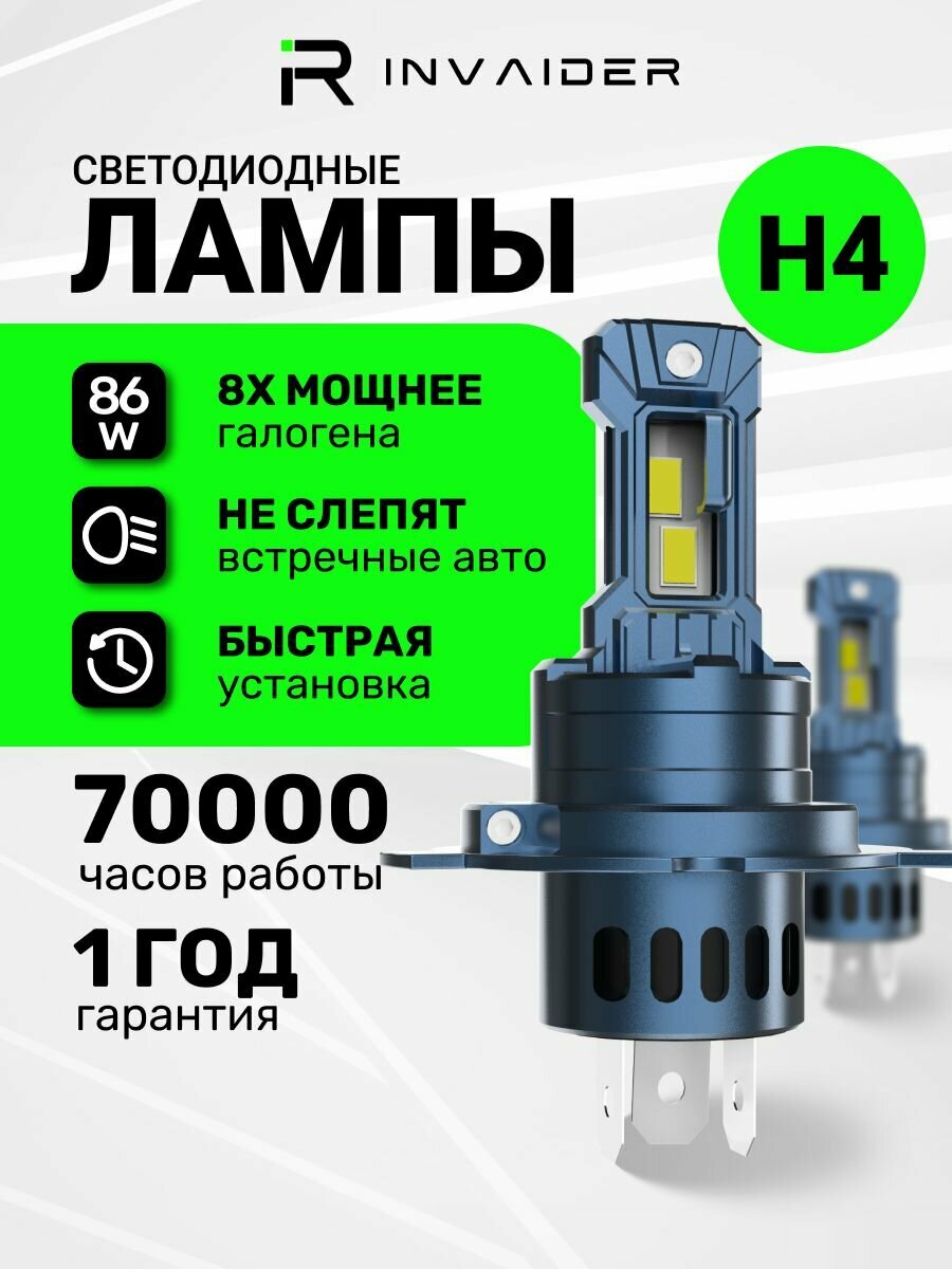 Светодиодные лампы H4 LED INVAIDER RZ 86W лед диодная лампа, лампочки автомобильные в фары h4