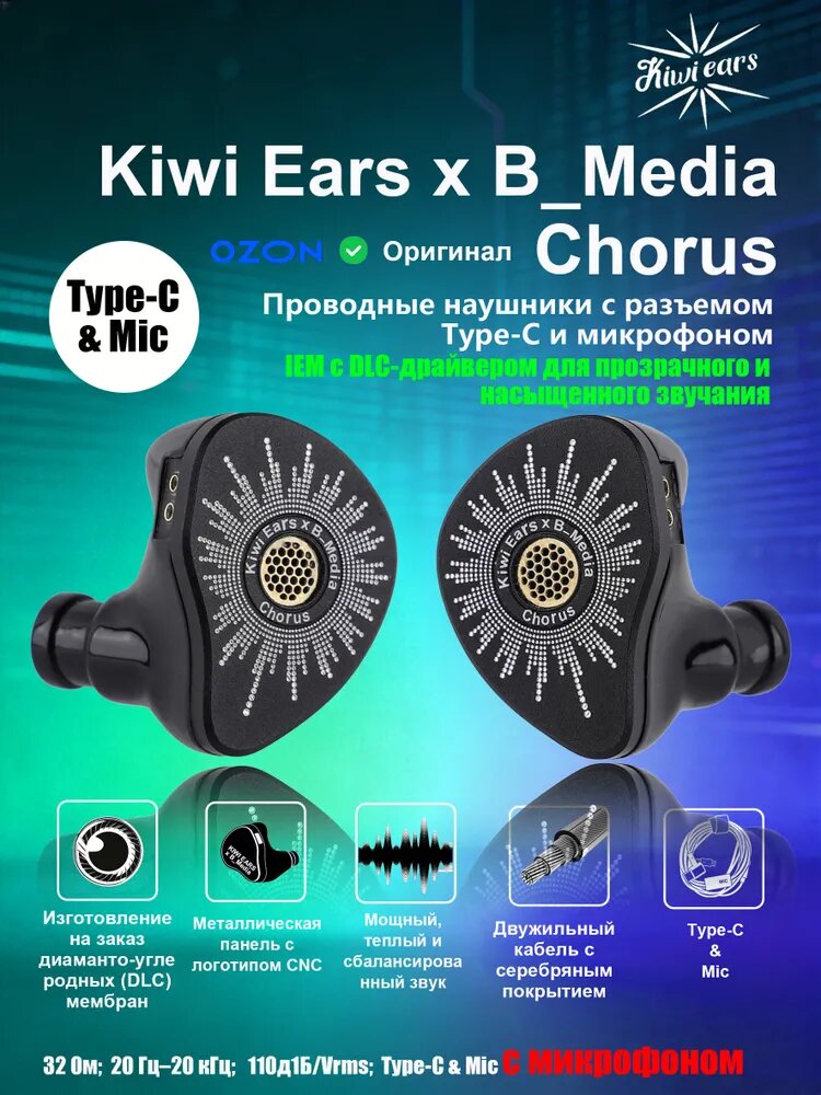 Kiwi Ears Наушники проводные с микрофоном Kiwi Ears x B_Media Chorus: наушники с DLC-драйвером и энергичным звучанием, USB Type-C, сиреневый, черный матовый