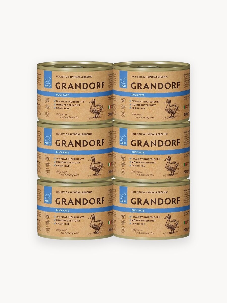 GRANDORF Влажный корм для собак всех пород, паштет из утки - 6 шт*200 гр